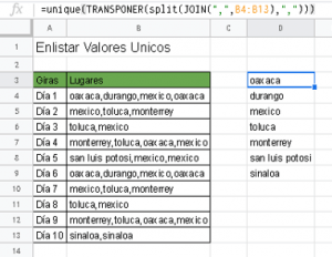 Enlistar valores únicos en Google Sheets